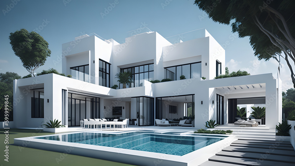 Modern villa , outdoor, view from poolside, beauty pool Stock ...
