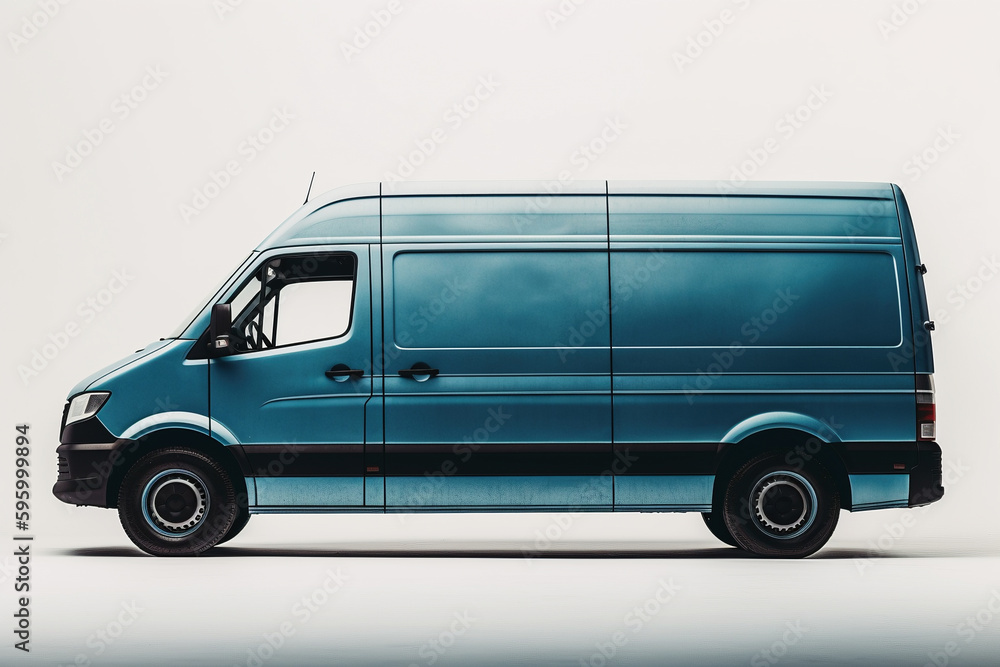 A clean, blue van in a studio setting with a striking white background ...