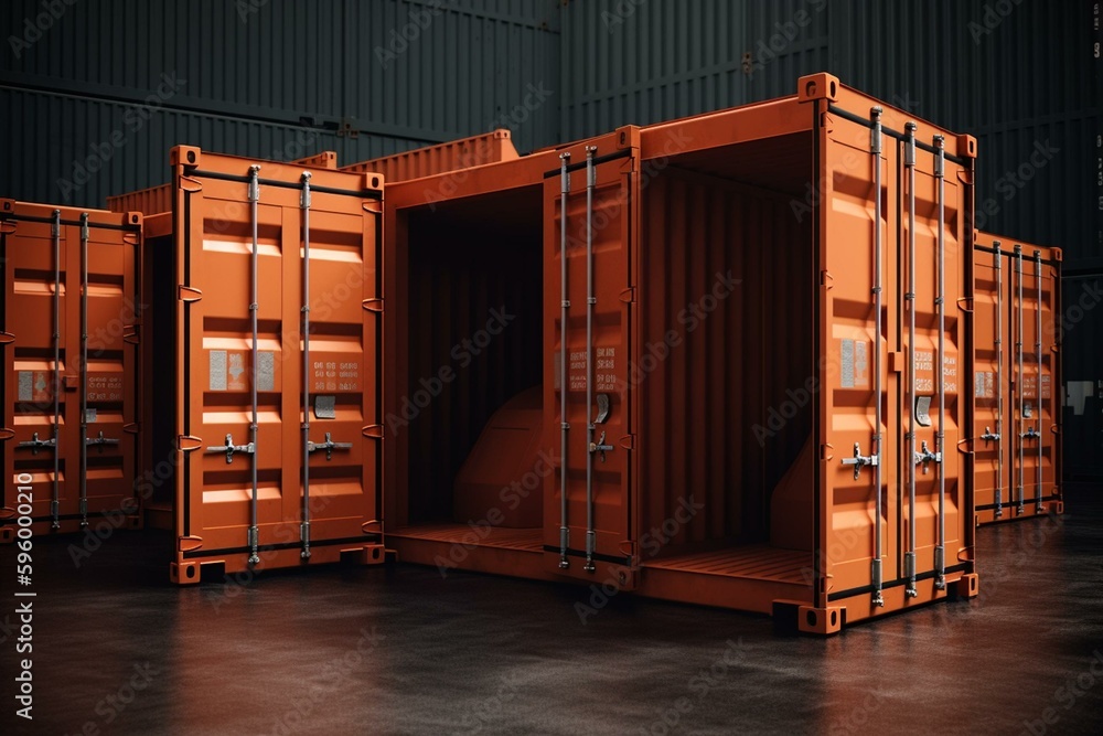 3d illustration of orange cargo containers with open and closed doors ...