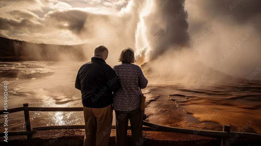 A couple stands in awe, watching the powerful eruption of a geyser as ...