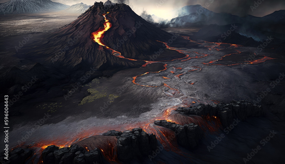 Aerial view of Volcano eruption with lava flowing on rock mountain ...