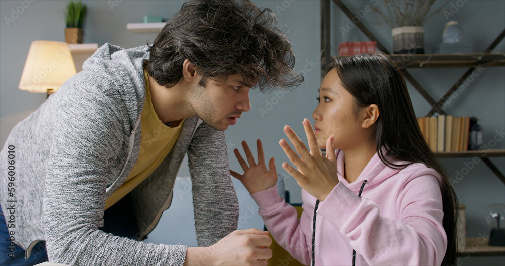 Emotional young spouses having fight at living room, furious asian ...