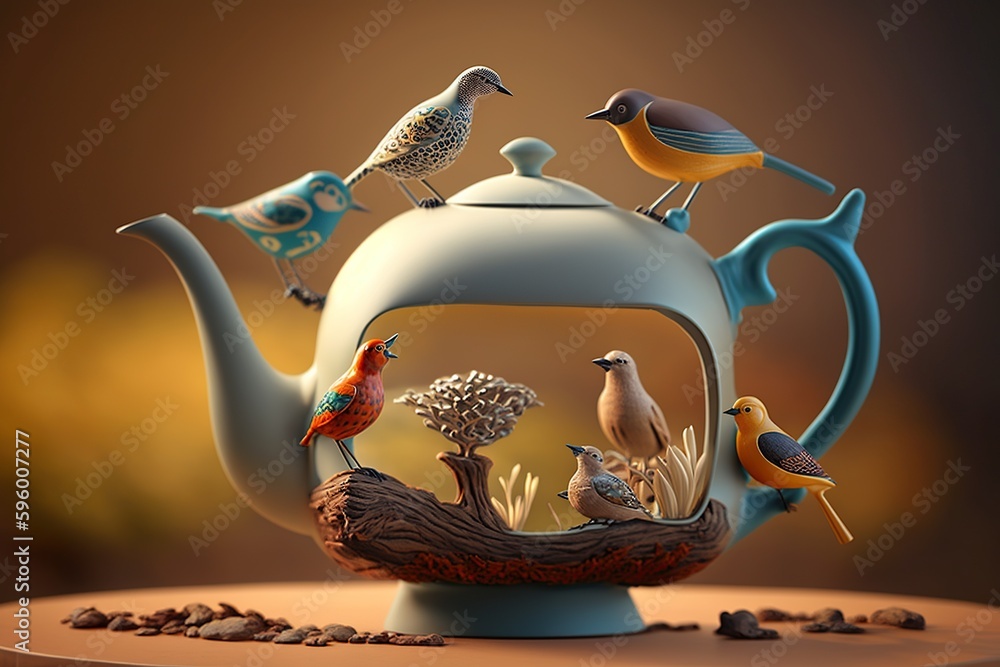 Bird feeder made out of a teapot with a group of birds enjoying a meal ...