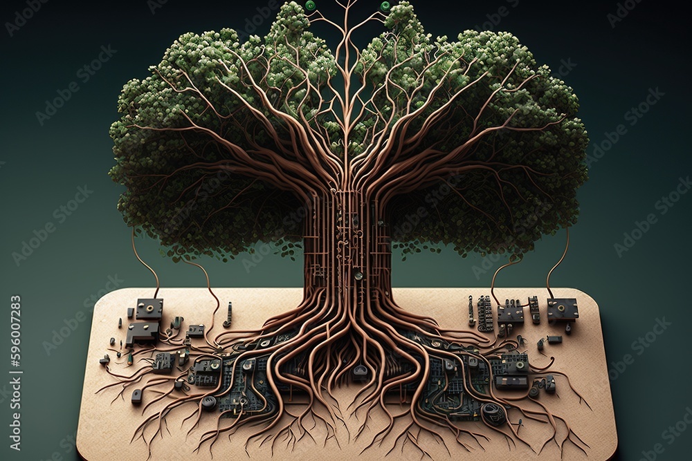 Circuit board with connectors resembling roots of a tree, concept of ...