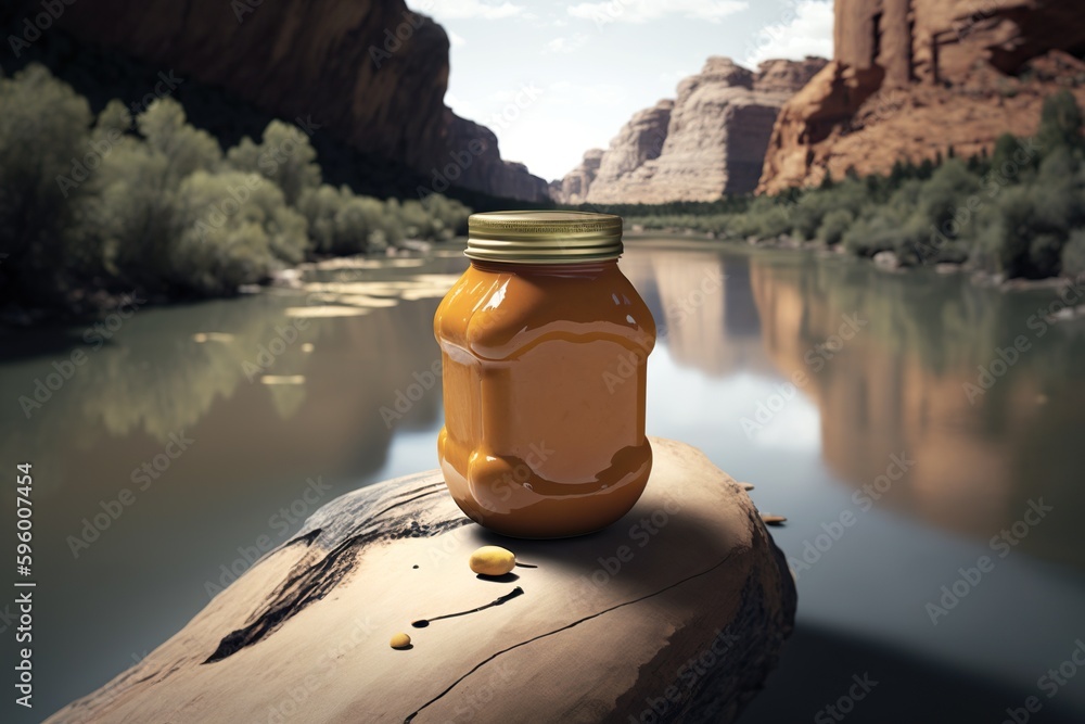 Jar of peanut butter sitting on a boulder in the middle of a river ...