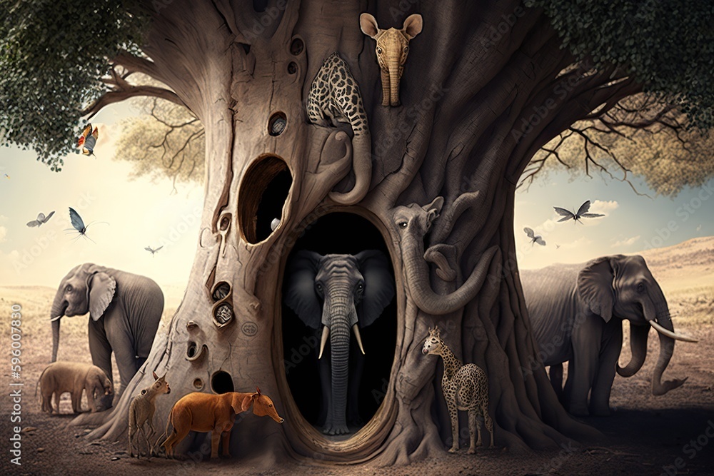 Tree with an oversized keyhole in the trunk and a group of curious ...