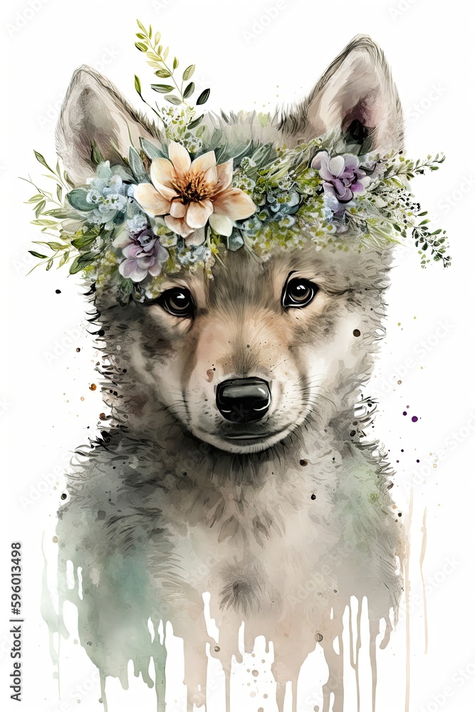 Beautiful baby face wolf portrait with flowers crown on white ...