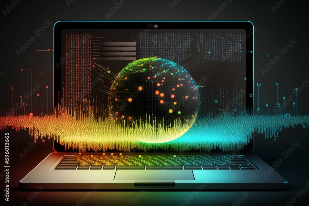 Laptop with analytical data. Technology concept background ...