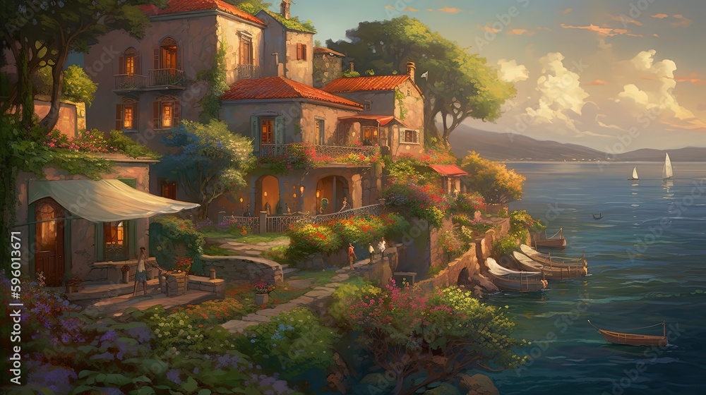 color pencil paint style illustration of Europe coastal line village at ...