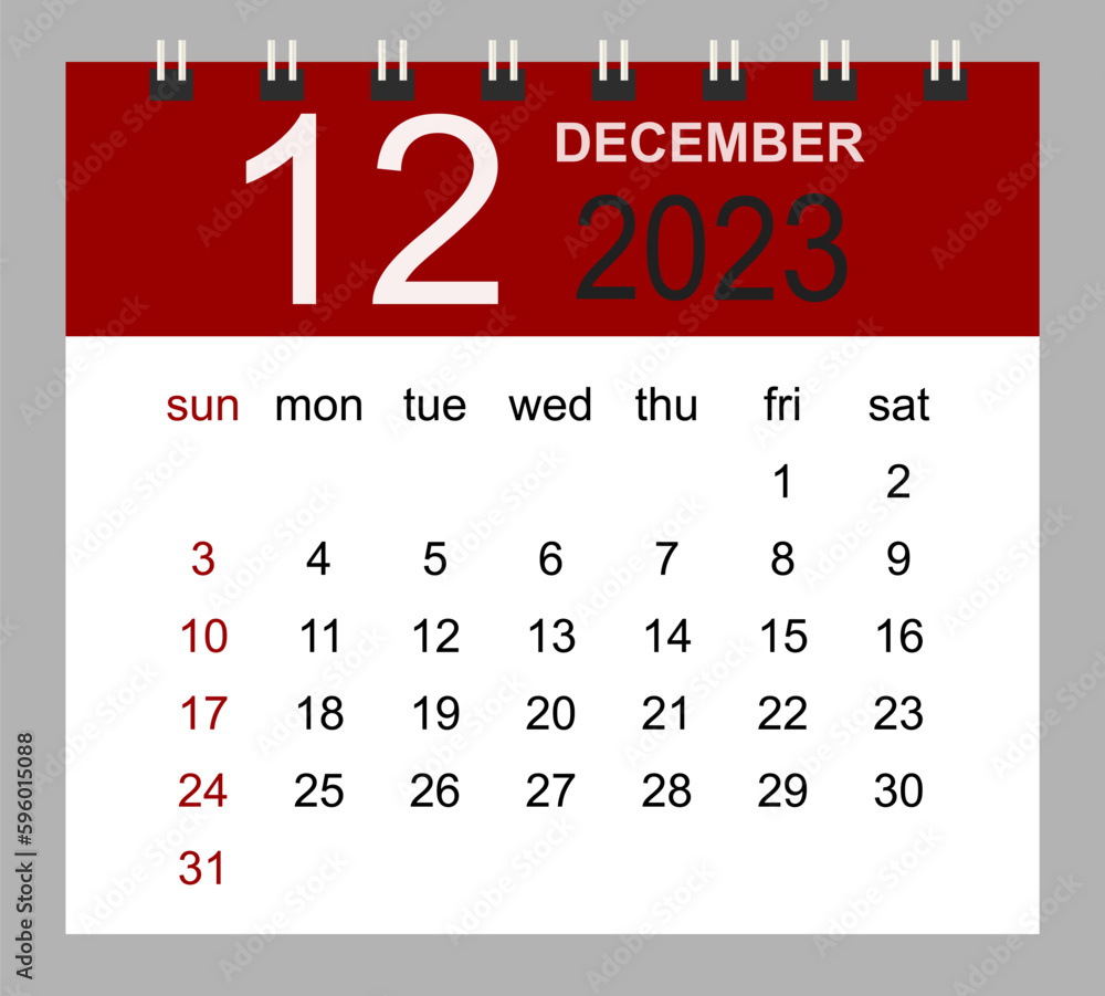 December 2023. Vector monthly calendar template 2023 year in simple ...