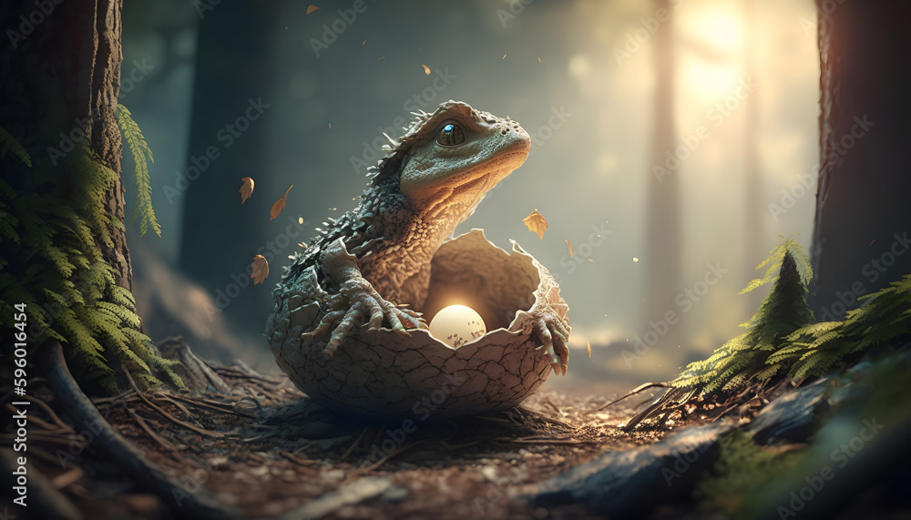 Young dinosaur T Rex hatches from an egg in forest in habitat, Jurassic ...