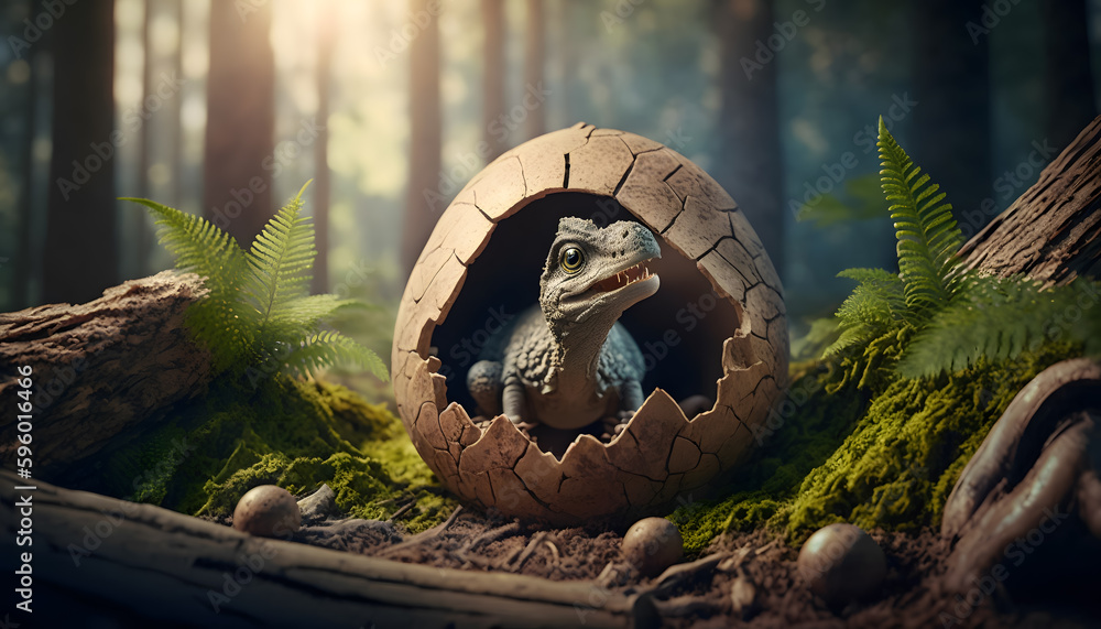 Young dinosaur T Rex hatches from an egg in forest in habitat, Jurassic ...
