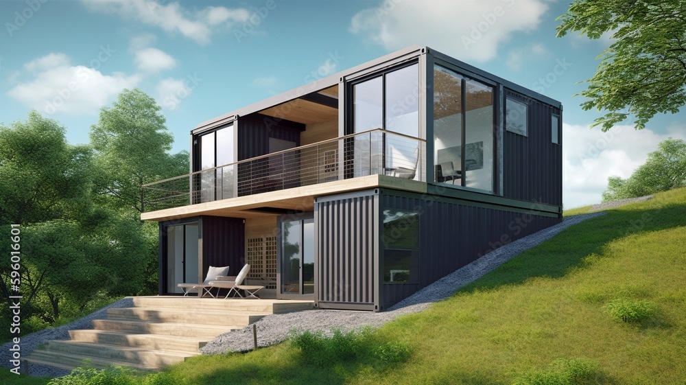 Built into a hill is a contemporary shipping container home. AI ...