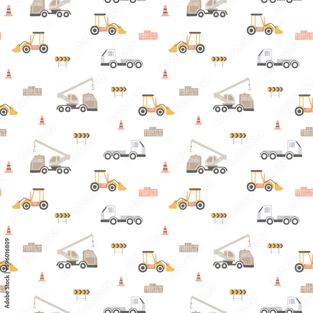 Bulldozer, crane, road barrier and safety wall seamless kids pattern ...