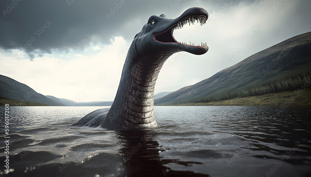 Loch Ness Monster Nessie in water lake. Generation AI Stock ...