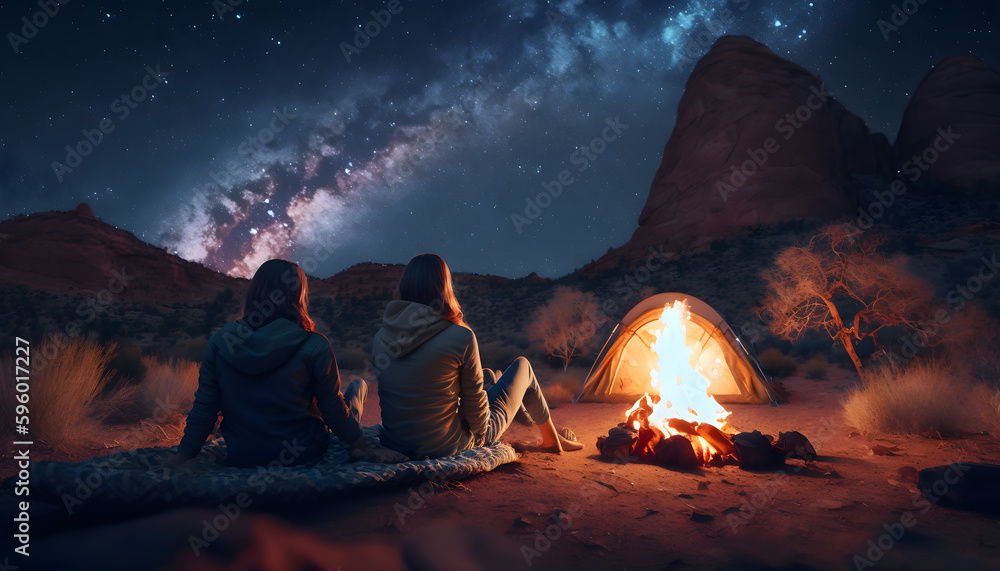 Happy colover couple sitting by campfire watching night sky with milky ...