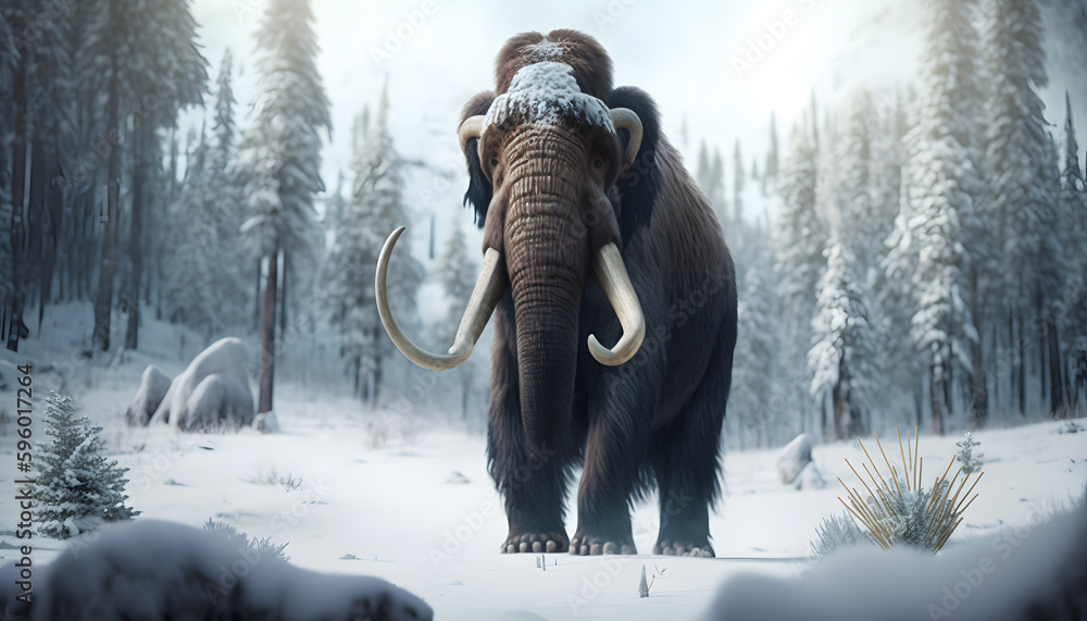 Woolly mammoth with sunlight, prehistoric animal in landscape frozen ...