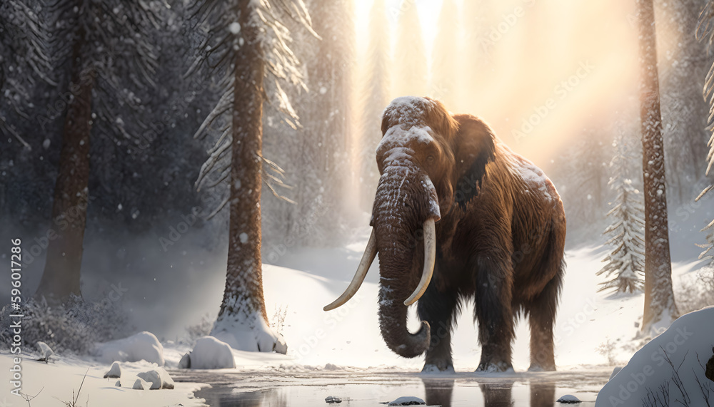 Woolly mammoth with sunlight, prehistoric animal in landscape frozen ...