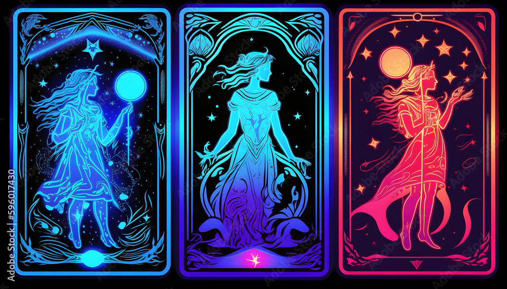 Set Magic color occult cards. Vintage mystic tarot cards with icon ...