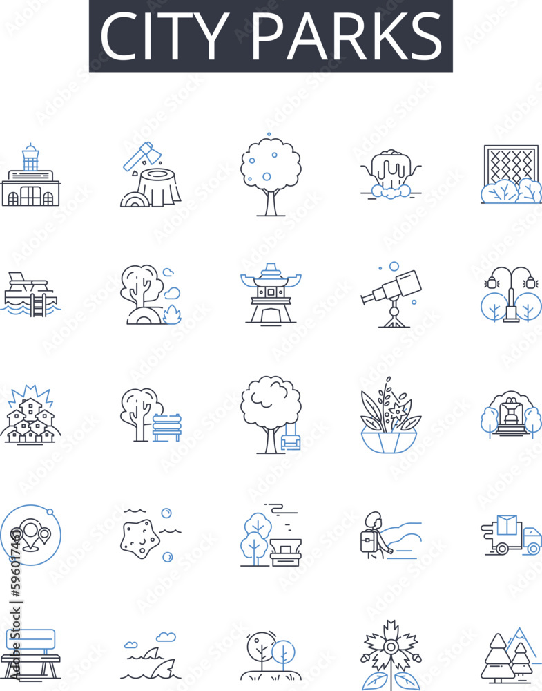 City parks line icons collection. Urban gardens, Metropolitan squares ...