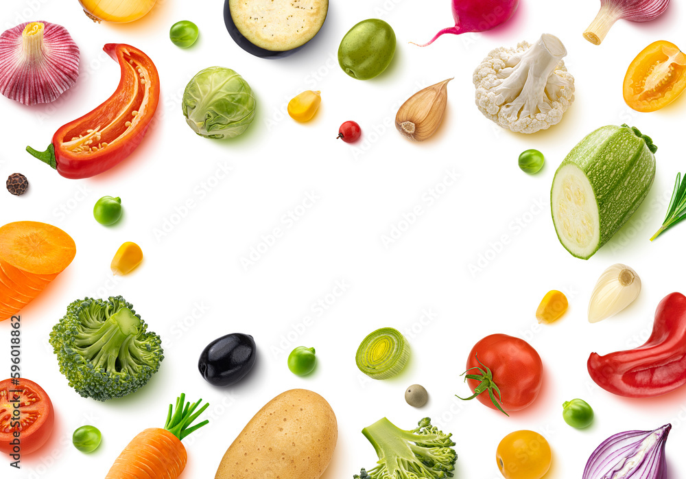 Frame of vegetables isolated on white background, flat lay, top view ...