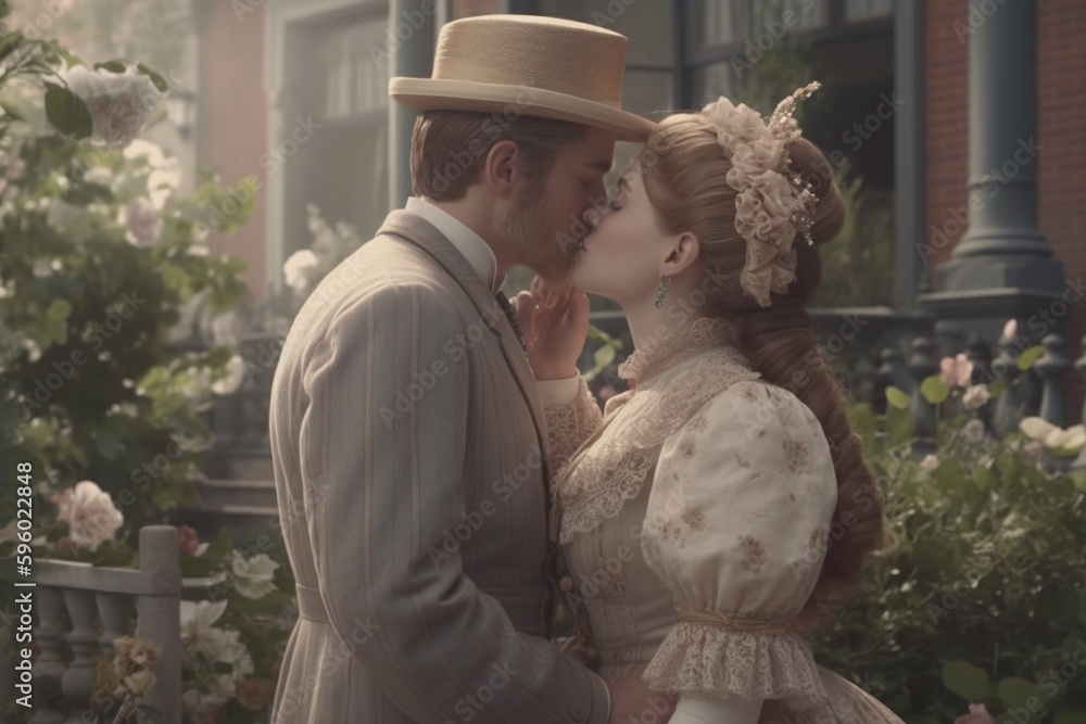 kissing couple dressed as characters from Victorian love story book ...