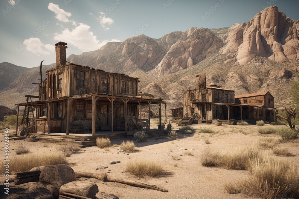 Old west ghost town with rundown building on main street nestled at ...