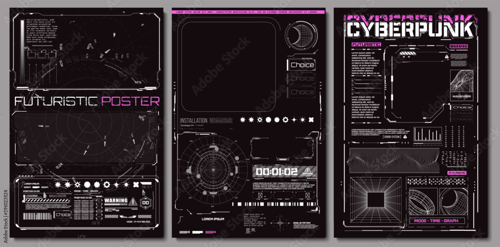 Distorted structures, black and white retro cyberpunk style. Futuristic info boxes layout ...
