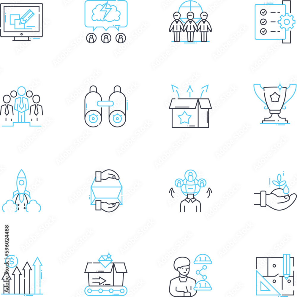 Program initiation linear icons set. Launch, Start, Commencement, Introduction, Induction ...
