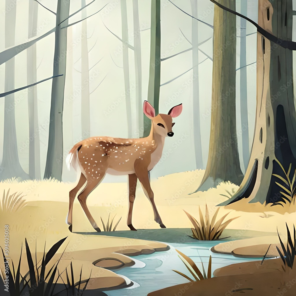 Cartoon Hirsch und Reh Wald im Winter Stock Illustration | Adobe Stock