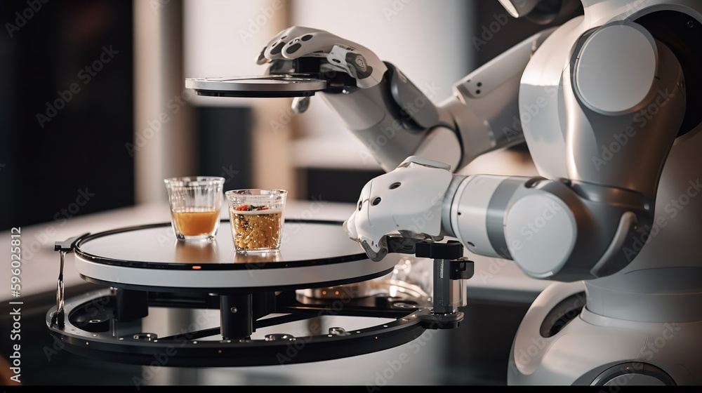 Close-up image of a robot assistant with a serving tray, showcasing its ...