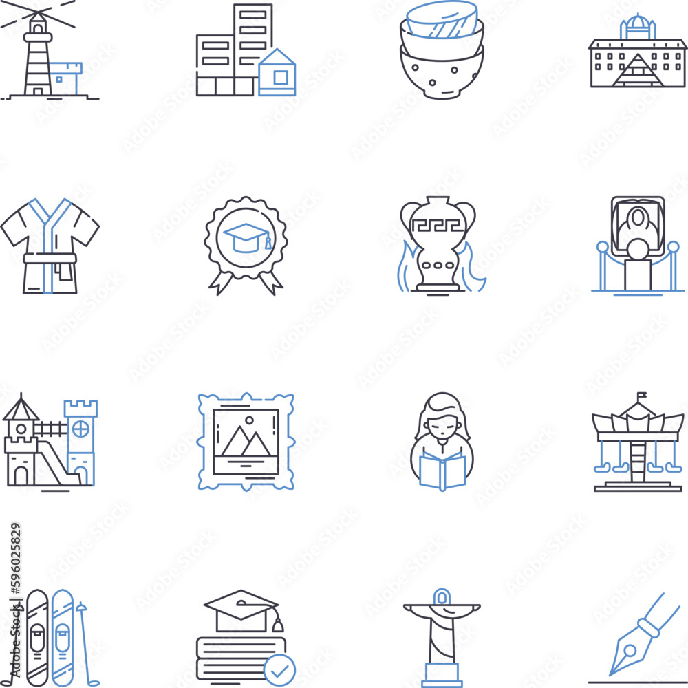 Antiquity line icons collection. Artifacts, Ruins, Pompeii, Colosseum ...