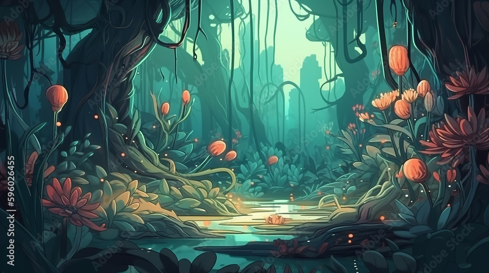 The Mystery Forest with Plants and Flowers and wildlife. Realistic ...