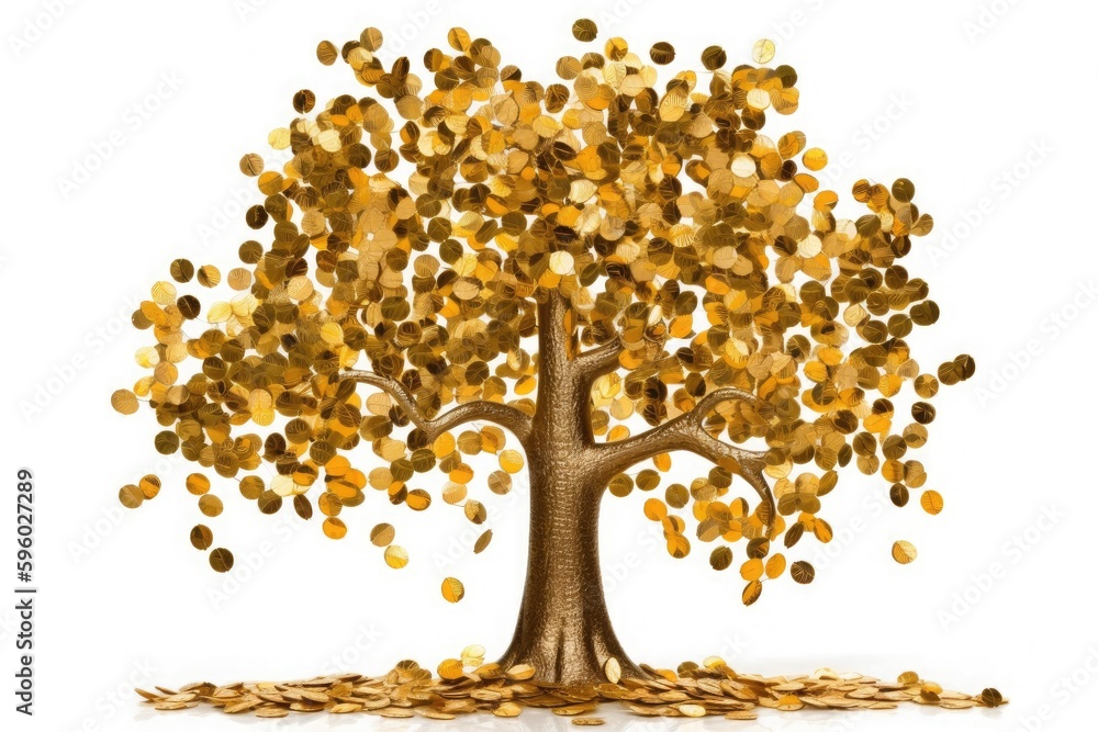Golden tree with coins instead of leaves isolated on white background ...