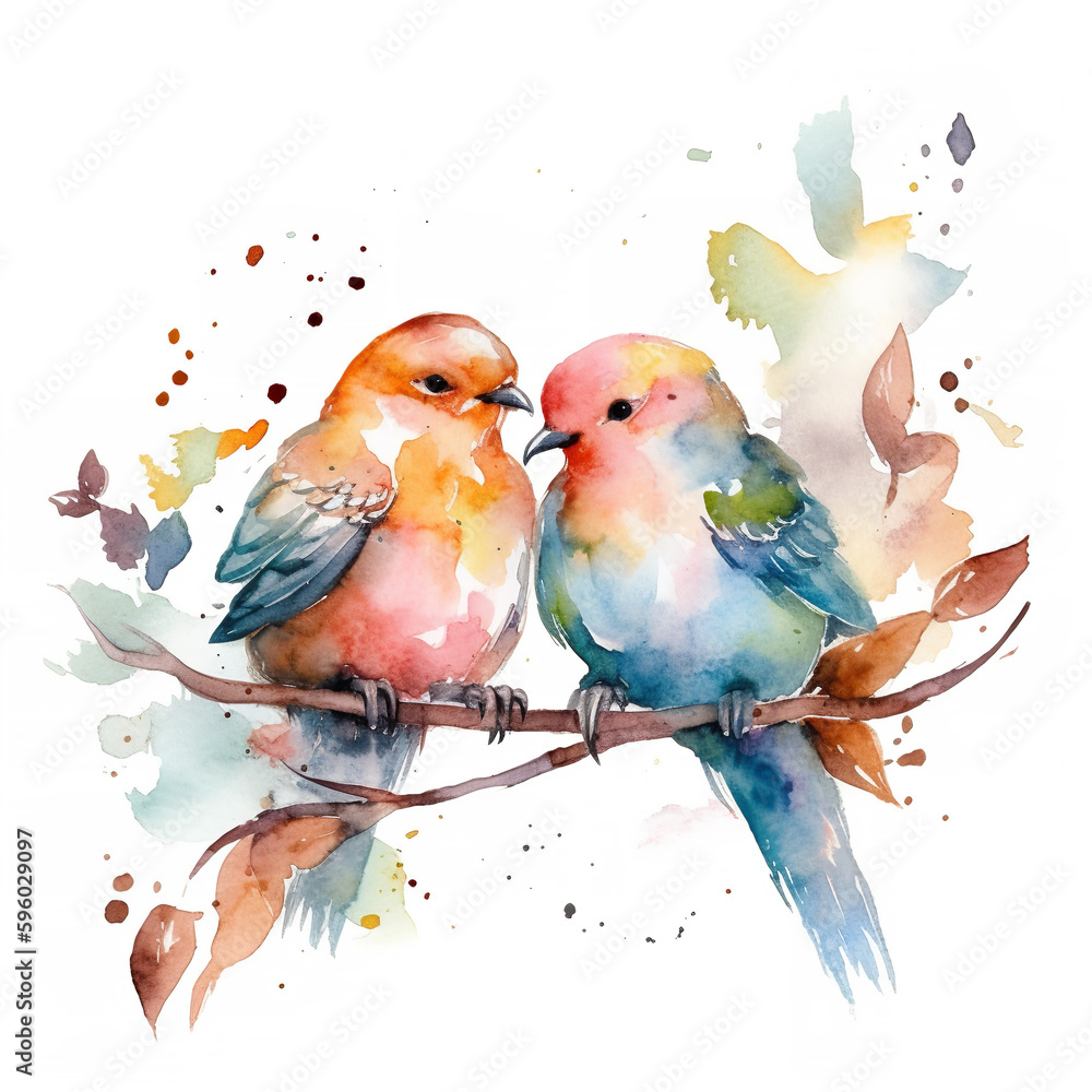 Watercolor love birds clipart, white isolated background Stock ...