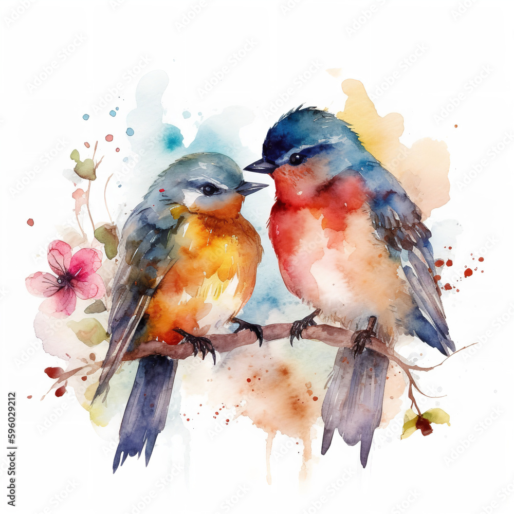 Watercolor love birds clipart, white isolated background Stock ...