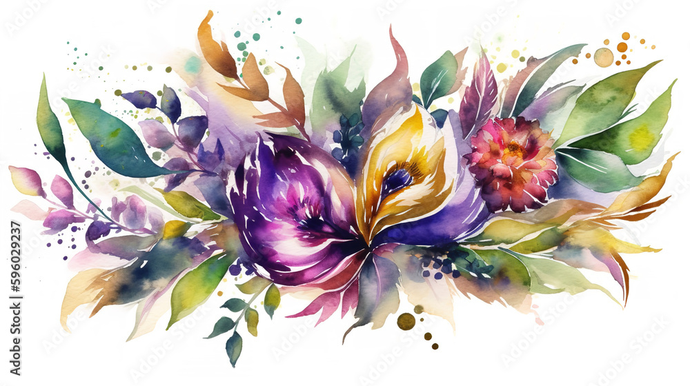 Watercolor Mardi Gras Floral Clipart, white isolated background Stock ...