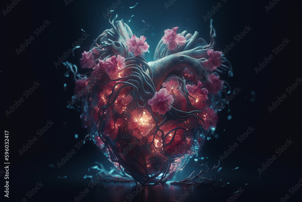 Beautiful artistic anatomic heart art sculpture. Elegant blooming ...