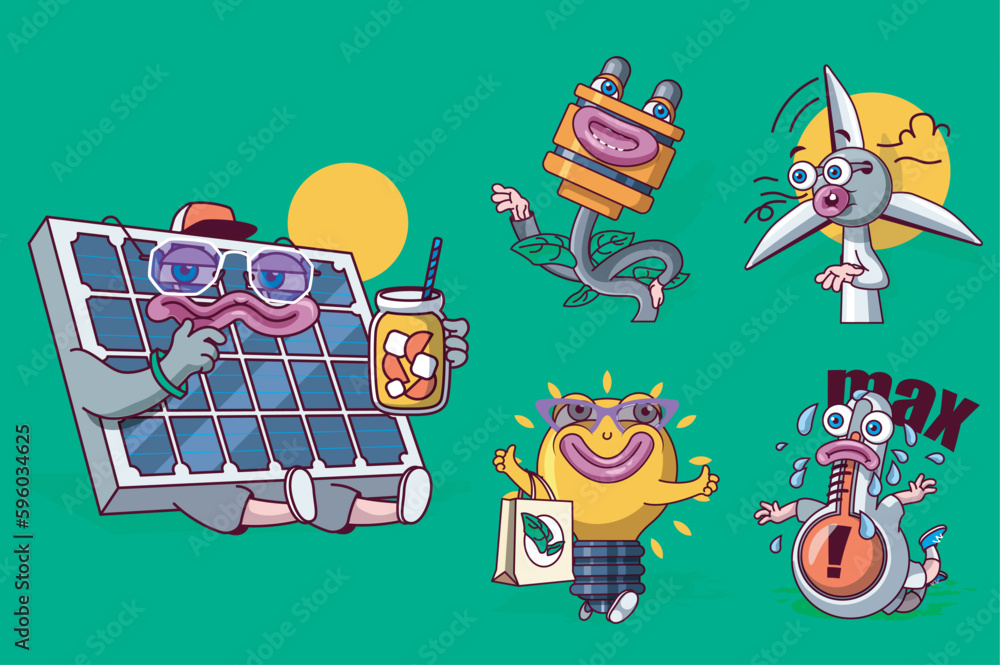 Greene energy concept with 3d cute cartoon characters set. Funny ...
