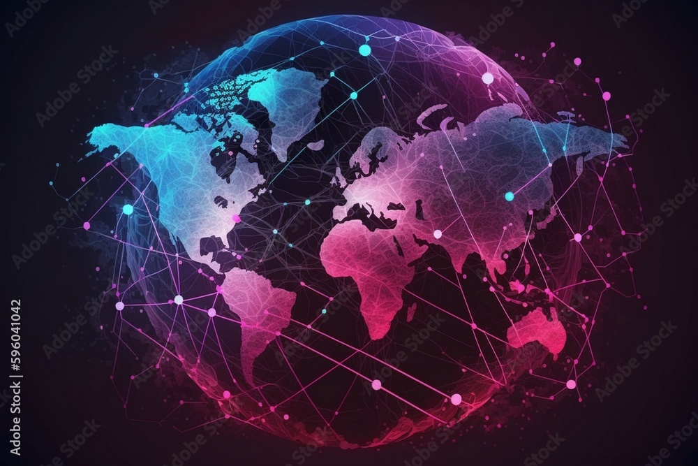 Blue and pink color neon light effect Global network connection concept ...