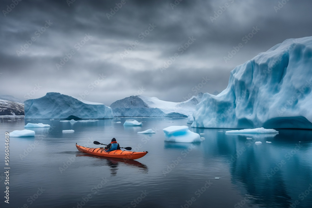 Kayaking between icebergs with inflatable kayak, extreme adventure ...