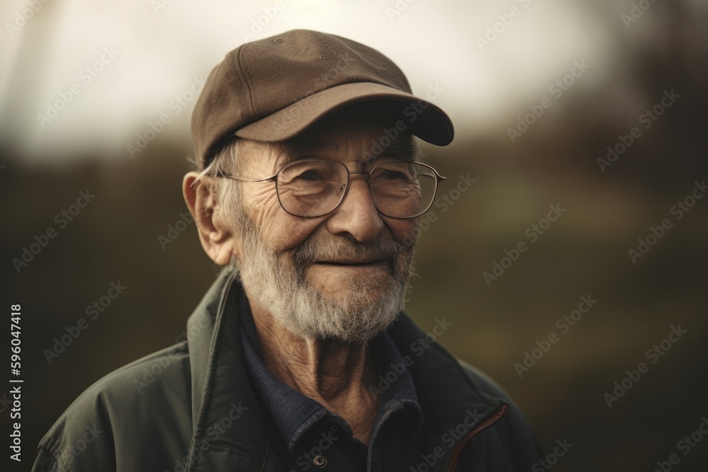 Portrait of an old man in a cap on a background of nature Stock ...