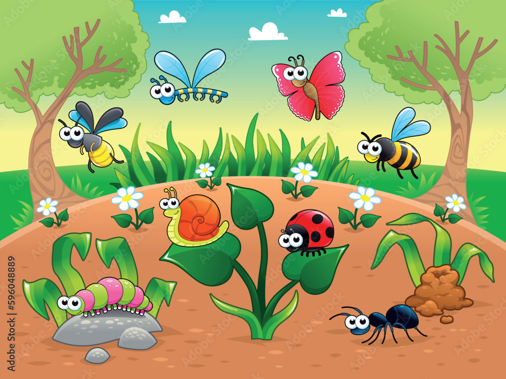 Bugs + 1 snail with background. Funny cartoon and vector illustration ...