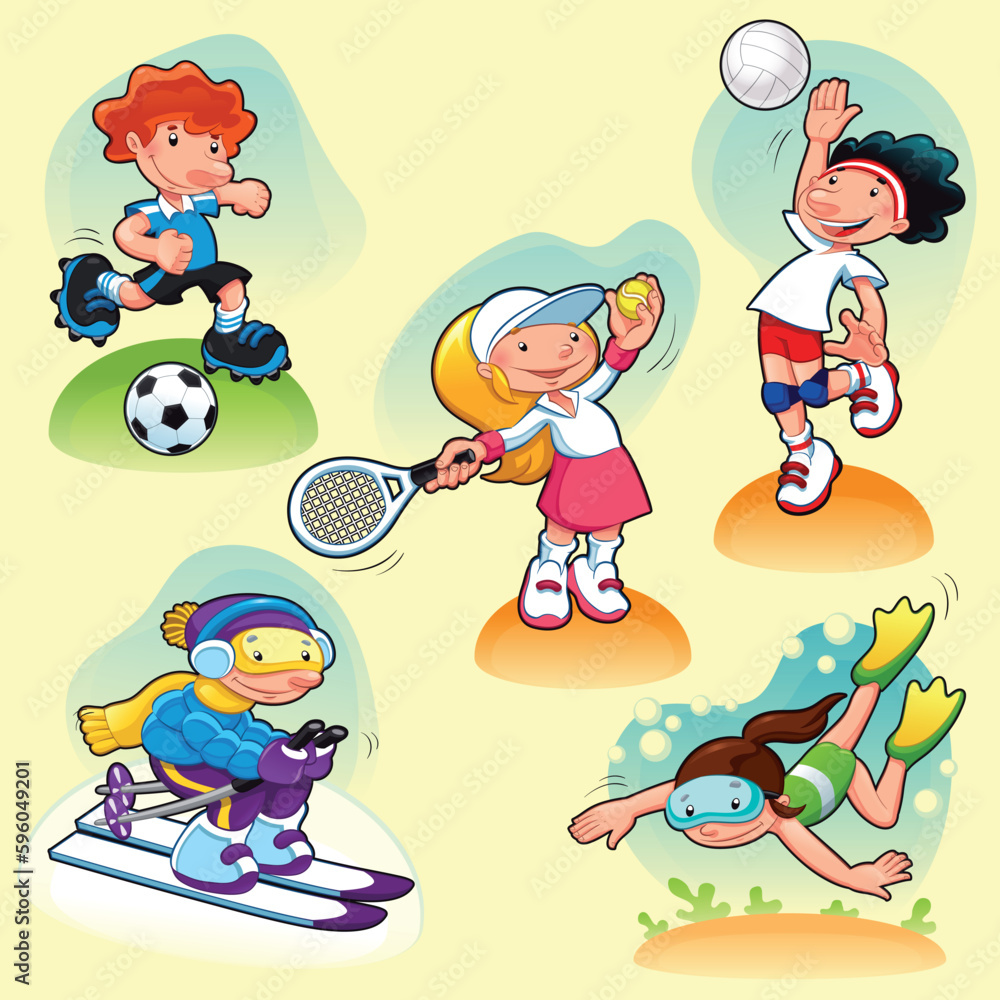 Sport characters with background. Cartoon vector illustration. Stock ...