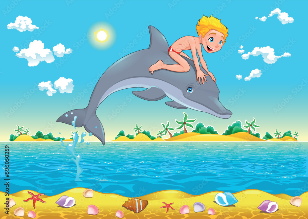 The boy and the dolphin in the sea. Cartoon vector illustration ... The boy and the dolphin in the sea. Cartoon vector illustration ...