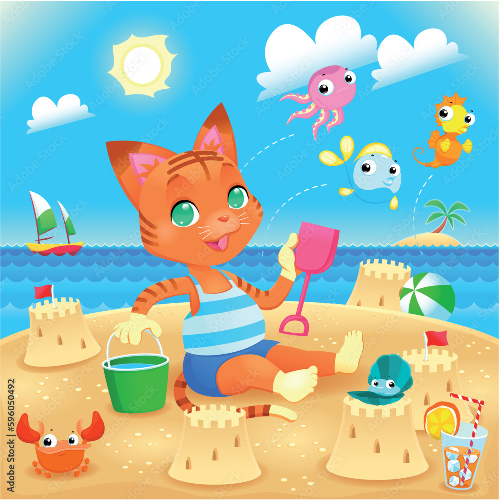 Young cat makes castles on the beach. Funny cartoon and vector ...
