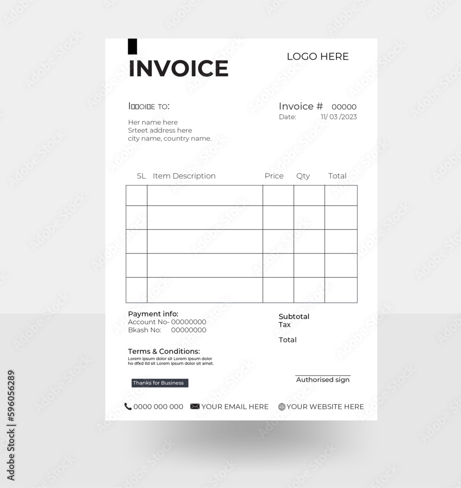 simple white & blue color invoice template design Stock Vector | Adobe ...