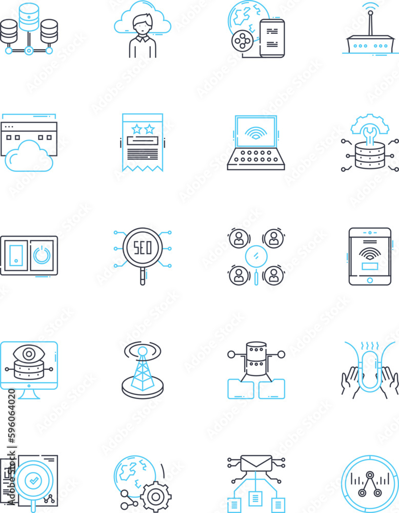Vetor de Cybersecurity measures linear icons set. Firewall, Encryption, Authentication ...