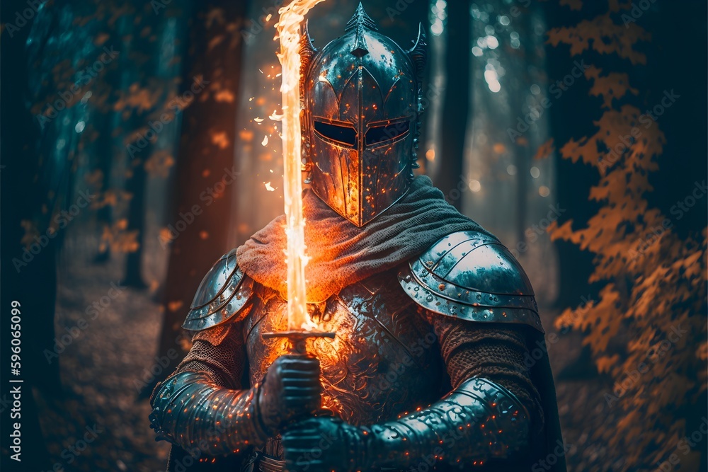 Heavenly knight holding a flaming sword in a moody forest fiery ...