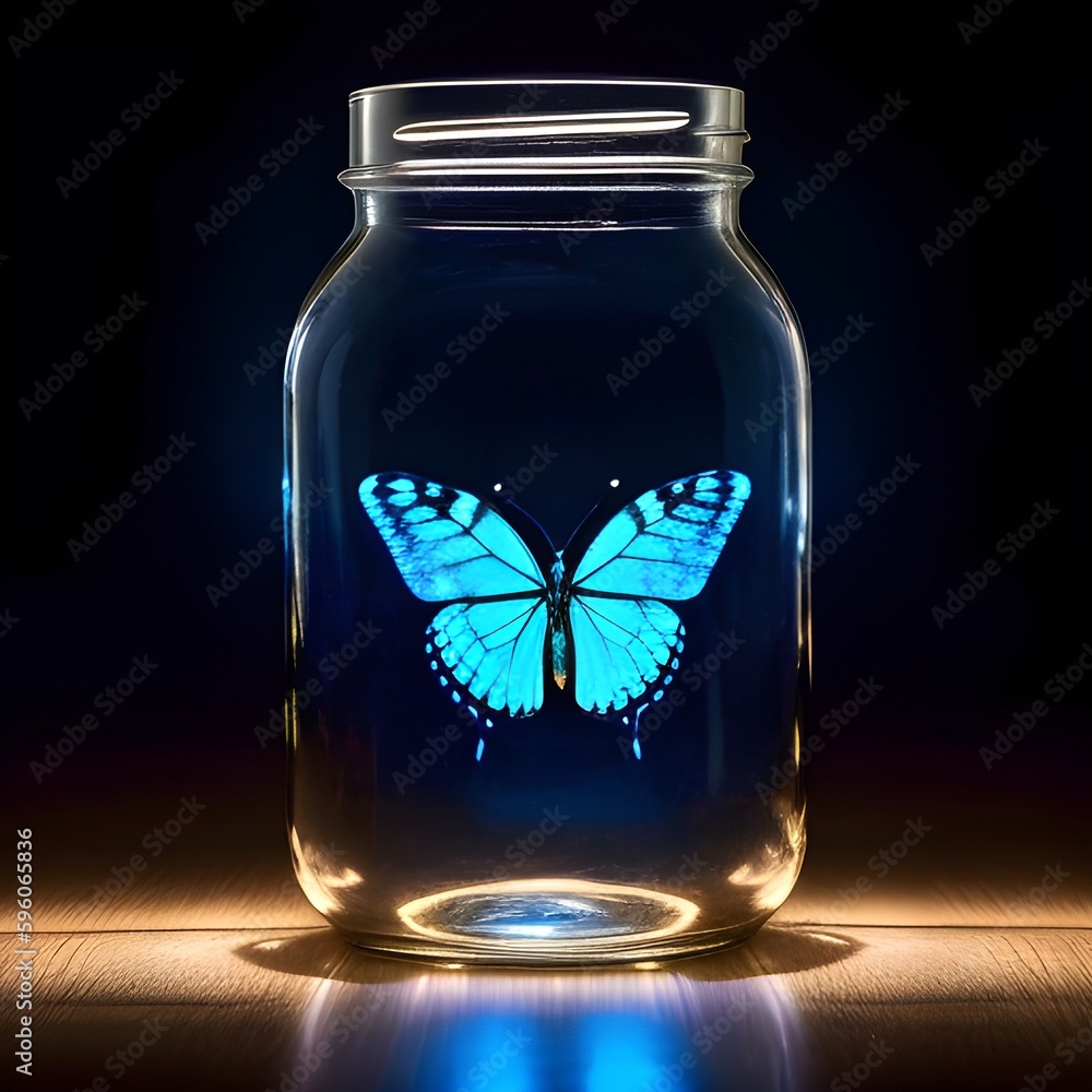 A generative AI image featuring a glowing blue butterfly in a jar with ...